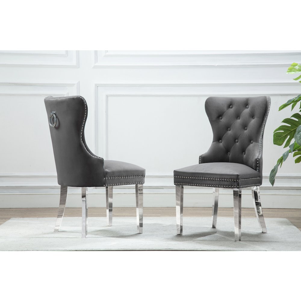 Tufted Dark Gray Velvet Side Chairs with Silver Stainless Steel (Set of ...